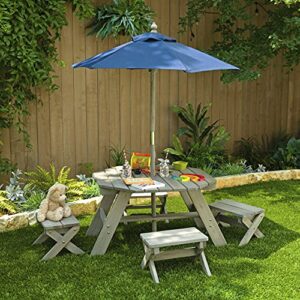 KidKraft Wooden Octagon Table, Stools & Umbrella Set, Kids’ Outdoor Furniture, Barnwood Gray & Navy