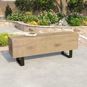 sunbury outdoor patio concrete bench, wooden look bench for patio, 48″ garden bench log table, mgo and rustic metal legs in light brown for proch backyard