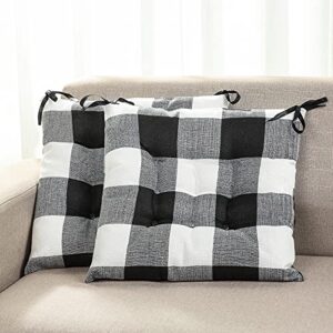 2 pcs Chair Cushions 45 x 45 cm with Ties - Buffalo Black Checks - Cotton Fabric, Rich Square Seat Cushions with Thick Fiber Filling, Large Size for Dining, Outdoor, Patio, Chair (Black Buffalo Check)