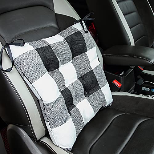 2 pcs Chair Cushions 45 x 45 cm with Ties - Buffalo Black Checks - Cotton Fabric, Rich Square Seat Cushions with Thick Fiber Filling, Large Size for Dining, Outdoor, Patio, Chair (Black Buffalo Check)