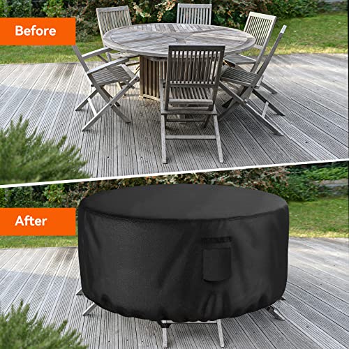 VGYUE Round Patio Furniture Covers, 100% Waterproof UV Resistant Anti-Fading Outdoor Furniture Table Chair Cover, Heavy Duty 600D Fire Pit Cover, 62" DIAx28 H, Black