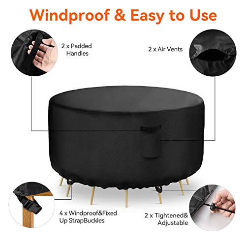 VGYUE Round Patio Furniture Covers, 100% Waterproof UV Resistant Anti-Fading Outdoor Furniture Table Chair Cover, Heavy Duty 600D Fire Pit Cover, 62" DIAx28 H, Black