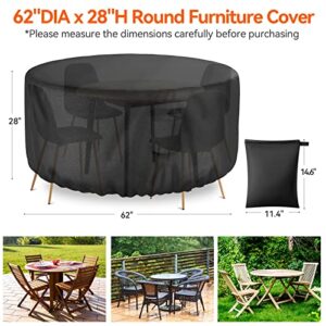 VGYUE Round Patio Furniture Covers, 100% Waterproof UV Resistant Anti-Fading Outdoor Furniture Table Chair Cover, Heavy Duty 600D Fire Pit Cover, 62" DIAx28 H, Black