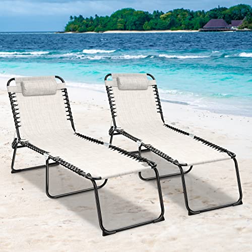 Tangkula Outdoor Folding Chaise Lounge Chair, 4-Position Adjustable Reclining Chair with Pillow, Portable Lightweight Beach Lounge Chair for Outdoor, Patio, Lawn, Sunbathing (1, Grey)