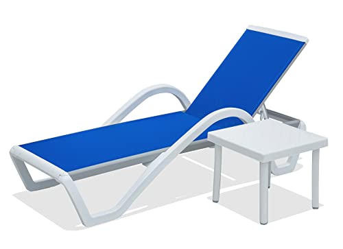 domi outdoor living Adjustable Chaise Lounge Aluminum Outdoor Patio Lounge Chair with Armrest All Weather Five-Position Recliner Chair for Patio,Pool,Beach,Yard w/Table(Blue)