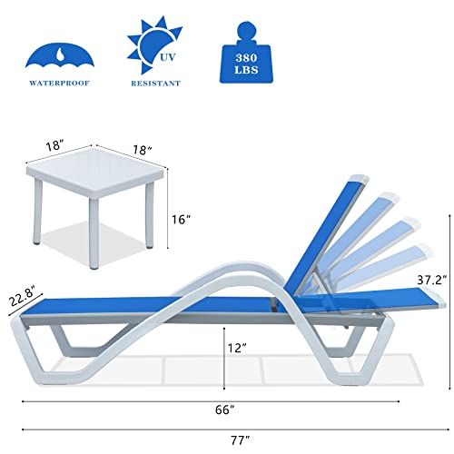 domi outdoor living Adjustable Chaise Lounge Aluminum Outdoor Patio Lounge Chair with Armrest All Weather Five-Position Recliner Chair for Patio,Pool,Beach,Yard w/Table(Blue)