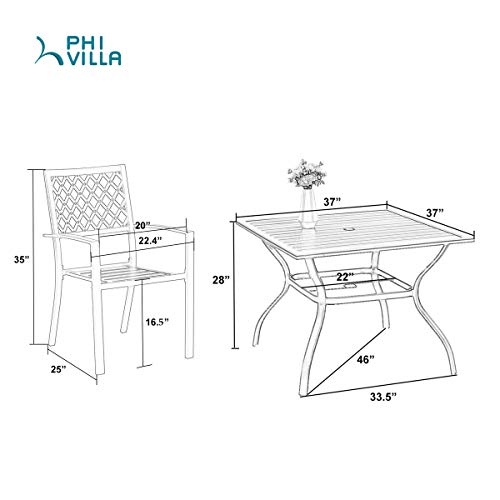 PHI VILLA 5-Piece Metal Patio Outdoor Dining Set- 37" Square Bistro Table and 4 Backyard Armrest Chairs, Table with 1.57" Umbrella Hole for Patio, Deck