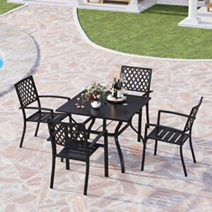 PHI VILLA 5-Piece Metal Patio Outdoor Dining Set- 37" Square Bistro Table and 4 Backyard Armrest Chairs, Table with 1.57" Umbrella Hole for Patio, Deck