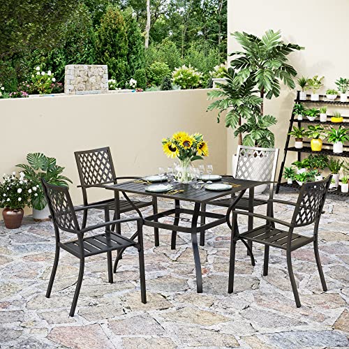 PHI VILLA 5-Piece Metal Patio Outdoor Dining Set- 37" Square Bistro Table and 4 Backyard Armrest Chairs, Table with 1.57" Umbrella Hole for Patio, Deck