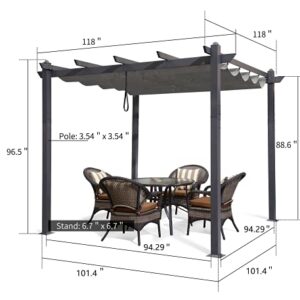 PURPLE LEAF 10'x10' Outdoor Retractable Pergola with Sun Shade Canopy Patio Metal Shelter for Porch Beach Pavilion Grill Gazebo Modern Backyard Grape Trellis Pergola, Gray