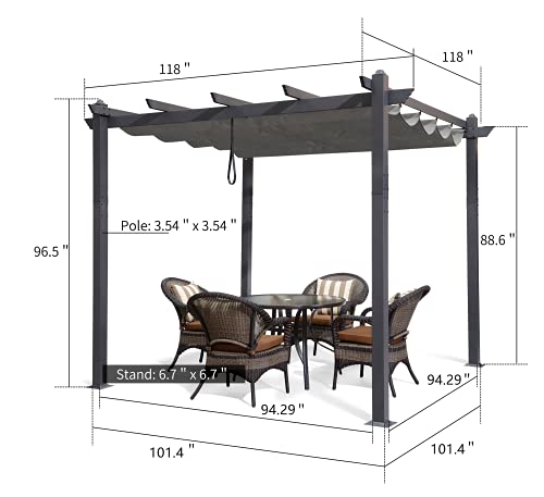 PURPLE LEAF 10'x10' Outdoor Retractable Pergola with Sun Shade Canopy Patio Metal Shelter for Porch Beach Pavilion Grill Gazebo Modern Backyard Grape Trellis Pergola, Gray