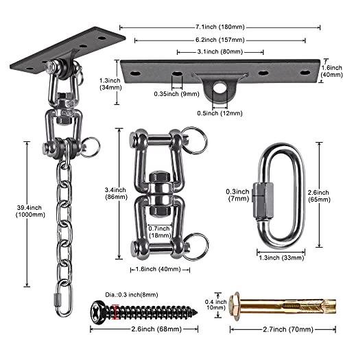 Dolibest Hanging Kits Hammock Chair Hardware, Heavy Duty Swing Hanger with Chain for Indoor Outdoor Playground Hanging Hammock Chair Punching Bags, 4 Screws, 600 LB Capacity, 3.28ft, 360° Rotation