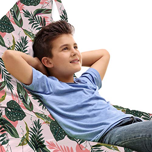 Ambesonne Forest Lounger Chair Bag, Tropical Foliage Monstera Areca Palm Leaves Hawaiian Exotic Jungle, High Capacity Storage with Handle Container, Lounger Size, Pale Pink and Dark Green