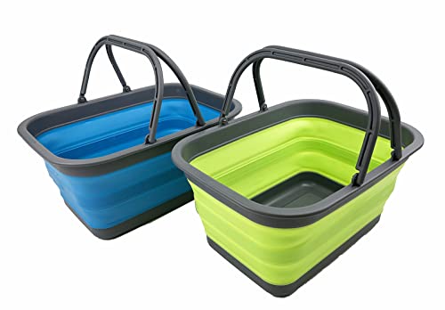 SAMMART 12L (3.17Gallon) Set of 2 Collapsible Tub with Handle - Portable Outdoor Picnic Basket/Crater - Foldable Shopping Bag - Space Saving Storage Container (Grass Green + Cerulean)