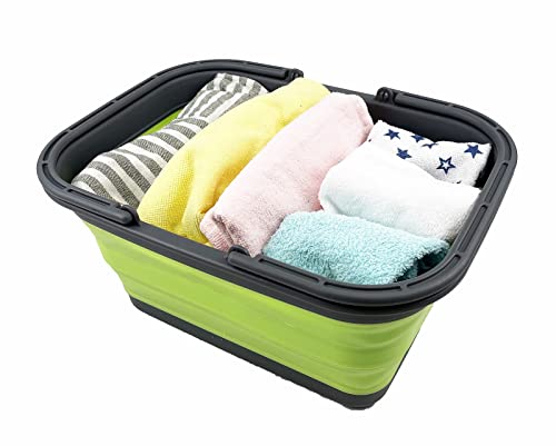 SAMMART 12L (3.17Gallon) Set of 2 Collapsible Tub with Handle - Portable Outdoor Picnic Basket/Crater - Foldable Shopping Bag - Space Saving Storage Container (Grass Green + Cerulean)