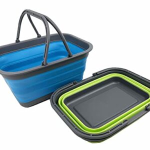 SAMMART 12L (3.17Gallon) Set of 2 Collapsible Tub with Handle - Portable Outdoor Picnic Basket/Crater - Foldable Shopping Bag - Space Saving Storage Container (Grass Green + Cerulean)