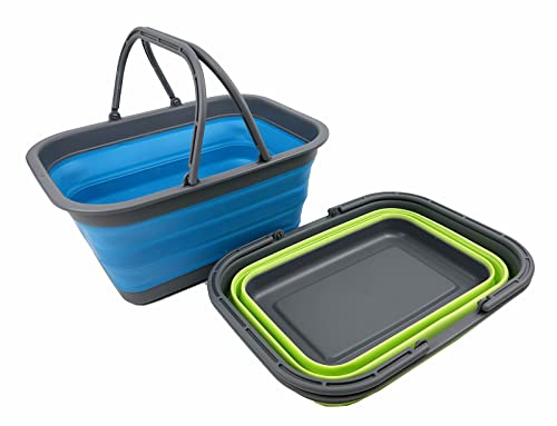 SAMMART 12L (3.17Gallon) Set of 2 Collapsible Tub with Handle - Portable Outdoor Picnic Basket/Crater - Foldable Shopping Bag - Space Saving Storage Container (Grass Green + Cerulean)