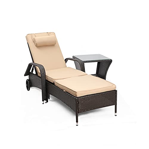 Fit Choice 2 Piece Wicker Patio Chaise Lounge Set, Patio Lounge Chair W/Wheels, 5 Adjustable Back Position, Pressure Relief Cushion, W/ 1 Tempered Glass Bistro Table Dark Grey