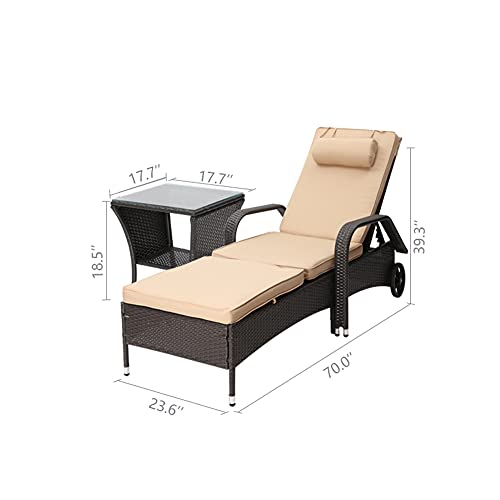 Fit Choice 2 Piece Wicker Patio Chaise Lounge Set, Patio Lounge Chair W/Wheels, 5 Adjustable Back Position, Pressure Relief Cushion, W/ 1 Tempered Glass Bistro Table Dark Grey