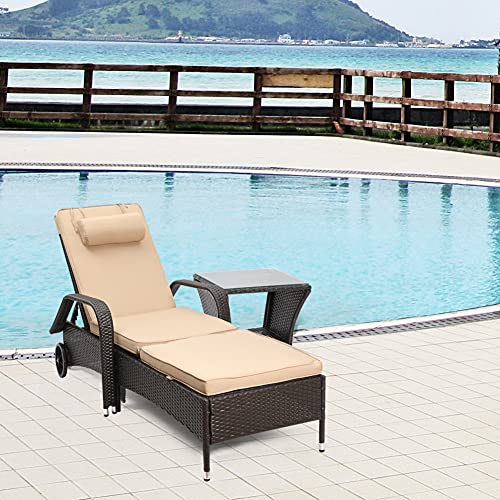 Fit Choice 2 Piece Wicker Patio Chaise Lounge Set, Patio Lounge Chair W/Wheels, 5 Adjustable Back Position, Pressure Relief Cushion, W/ 1 Tempered Glass Bistro Table Dark Grey