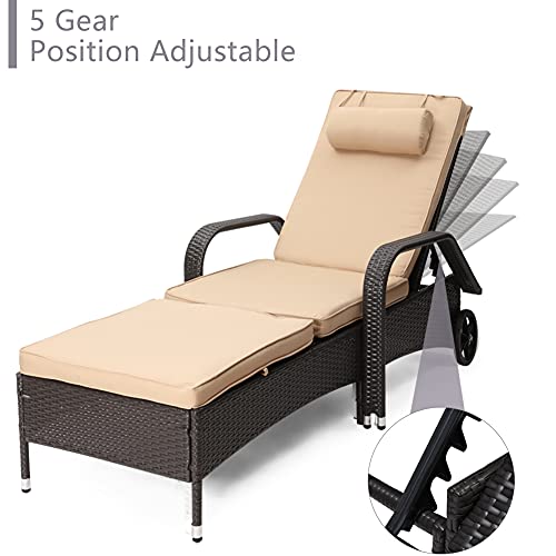 Fit Choice 2 Piece Wicker Patio Chaise Lounge Set, Patio Lounge Chair W/Wheels, 5 Adjustable Back Position, Pressure Relief Cushion, W/ 1 Tempered Glass Bistro Table Dark Grey