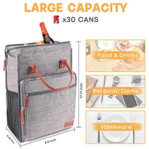 Cooler Backpack 30 Cans Insulated Leakproof Cooler Bag, Waterproof Large Capacity Backpack Cooler Lightweight Camping Lunch Backpack for Hiking, Beach, Fishing (Grey)