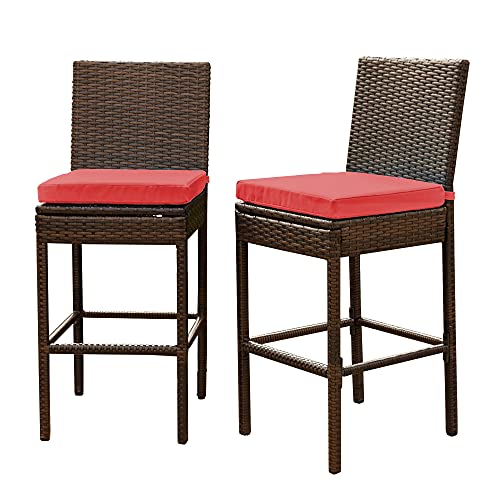 Prime Garden Set of 2 Patio Wicker Bar Stools, Patio Rattan Furniture with Footrest and Red Cushion for Garden Pool Backyard, Brown