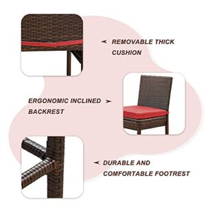 Prime Garden Set of 2 Patio Wicker Bar Stools, Patio Rattan Furniture with Footrest and Red Cushion for Garden Pool Backyard, Brown