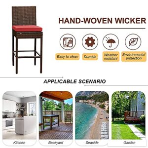 Prime Garden Set of 2 Patio Wicker Bar Stools, Patio Rattan Furniture with Footrest and Red Cushion for Garden Pool Backyard, Brown