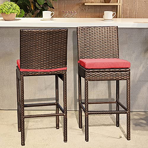 Prime Garden Set of 2 Patio Wicker Bar Stools, Patio Rattan Furniture with Footrest and Red Cushion for Garden Pool Backyard, Brown