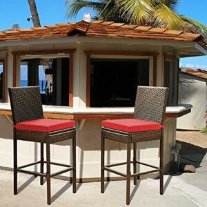 Prime Garden Set of 2 Patio Wicker Bar Stools, Patio Rattan Furniture with Footrest and Red Cushion for Garden Pool Backyard, Brown