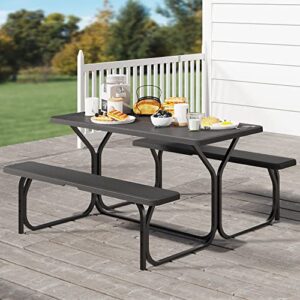 yitahome picnic table 6ft heavy duty outdoor picnic table and bench resin tabletop & stable steel frame w/umbrella hole for yard patio lawn party black