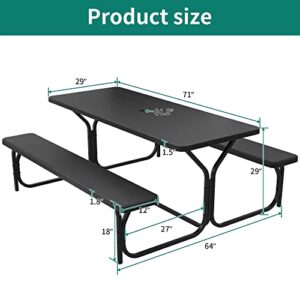 YITAHOME Picnic Table 6ft Heavy Duty Outdoor Picnic Table and Bench Resin Tabletop & Stable Steel Frame w/Umbrella Hole for Yard Patio Lawn Party Black