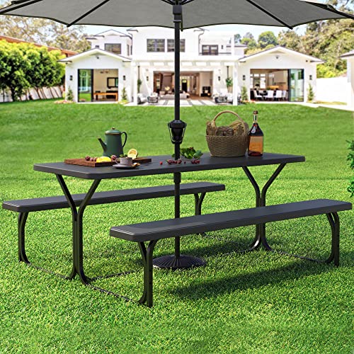 YITAHOME Picnic Table 6ft Heavy Duty Outdoor Picnic Table and Bench Resin Tabletop & Stable Steel Frame w/Umbrella Hole for Yard Patio Lawn Party Black