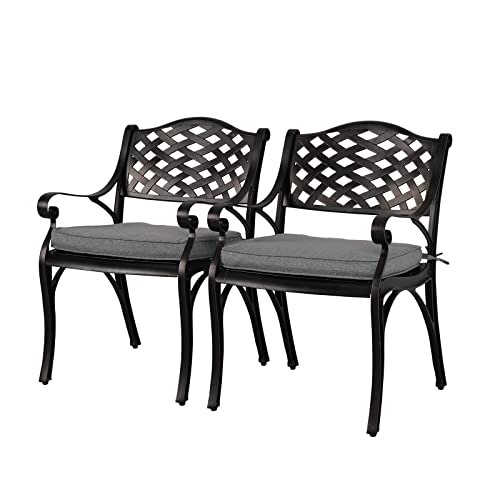 Verano Garden Outdoor Dining Chair Set of 2, Outside Chairs with Arms, All-Weather Cast Aluminum Patio Chair with Cushion, Antique Bronze