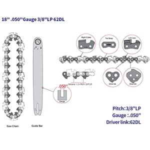 Abroman 3 Pack S62 18 inch Chainsaw Chain 3/8" Pitch .050" Gauge 62 DL for Craftsman Homelite Echo CS370 CS370F CS400 Poulan Pro 2050 2055 P3818 P3314 Remington RM4214 RM4216 RM4218 Saw