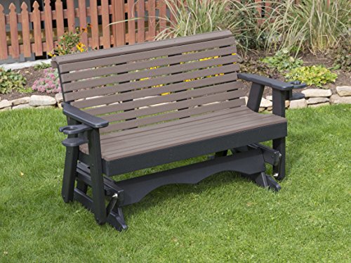 ECOMMERSIFY INC 5FT-Weathered Wood-Poly Lumber ROLL Back Porch Glider with Cupholder arms Heavy Duty Everlasting PolyTuf HDPE - Made in USA - Amish Crafted