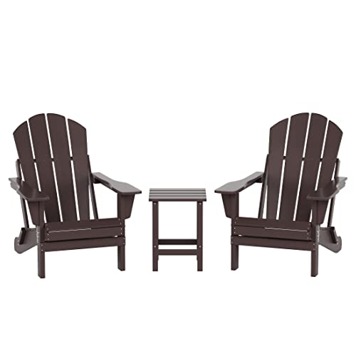 WestinTrends Malibu 3-Pieces Adirondack Chairs Set with Side Table, All Weather Outdoor Seating Plastic Patio Lawn Chair Folding for Outside Porch Deck Backyard, Dark Brown