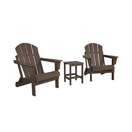 WestinTrends Malibu 3-Pieces Adirondack Chairs Set with Side Table, All Weather Outdoor Seating Plastic Patio Lawn Chair Folding for Outside Porch Deck Backyard, Dark Brown