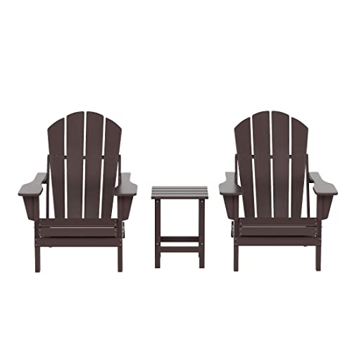 WestinTrends Malibu 3-Pieces Adirondack Chairs Set with Side Table, All Weather Outdoor Seating Plastic Patio Lawn Chair Folding for Outside Porch Deck Backyard, Dark Brown