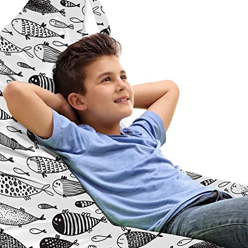 Ambesonne Nautical Lounger Chair Bag, Marine Theme Hand Drawn Monochrome Fishes Pattern in Sketchy Style, High Capacity Storage with Handle Container, Lounger Size, Charcoal Grey and White