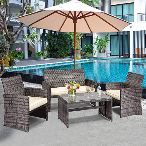 Goplus Rattan Patio Furniture Set 4 Pieces, Outdoor Wicker Conversation Sofa and Table Set with Soft Cushions & Tempered Glass Coffee Table for Balcony Garden Backyard (Beige(Mixed Color Wicker))