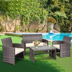 Goplus Rattan Patio Furniture Set 4 Pieces, Outdoor Wicker Conversation Sofa and Table Set with Soft Cushions & Tempered Glass Coffee Table for Balcony Garden Backyard (Beige(Mixed Color Wicker))