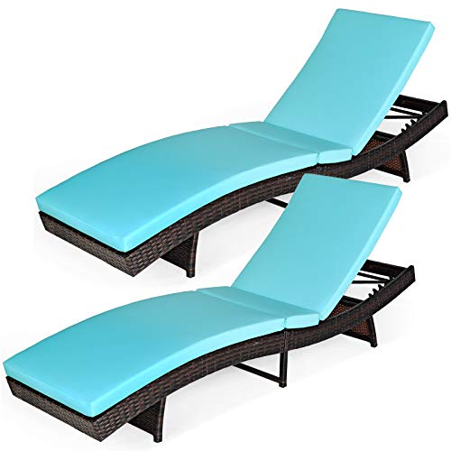 Tangkula Outdoor Folding Chaise Lounge, Rattan Patio Lounge Chair with Removable Thick Cushion, 5 Adjustable Levels, Leisure Reclining Wicker Lounge Chair for Garden, Pool Side, Balcony (2, Turquoise)