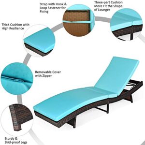 Tangkula Outdoor Folding Chaise Lounge, Rattan Patio Lounge Chair with Removable Thick Cushion, 5 Adjustable Levels, Leisure Reclining Wicker Lounge Chair for Garden, Pool Side, Balcony (2, Turquoise)