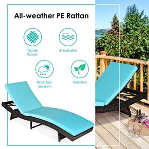 Tangkula Outdoor Folding Chaise Lounge, Rattan Patio Lounge Chair with Removable Thick Cushion, 5 Adjustable Levels, Leisure Reclining Wicker Lounge Chair for Garden, Pool Side, Balcony (2, Turquoise)