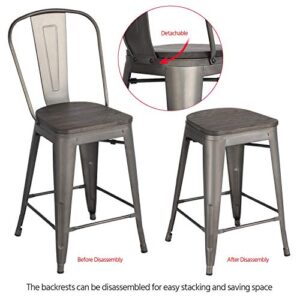 Yaheetech Metal Stools Bar Chairs Stackable Industrial Height Stool Kitchen Chair with Wood Top/Seat and High Back Indoor/Outdoor Bistro Cafe Side Chairs Barstools Set of 4 Gun, Gunmetal