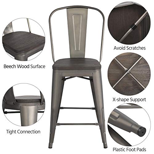 Yaheetech Metal Stools Bar Chairs Stackable Industrial Height Stool Kitchen Chair with Wood Top/Seat and High Back Indoor/Outdoor Bistro Cafe Side Chairs Barstools Set of 4 Gun, Gunmetal