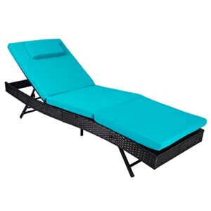 oakmont outdoor chaise lounge patio lounge chair wicker adjustable back reclining chair with blue cushion for poolside, garden, backyard