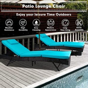 Oakmont Outdoor Chaise Lounge Patio Lounge Chair Wicker Adjustable Back Reclining Chair with Blue Cushion for Poolside, Garden, Backyard